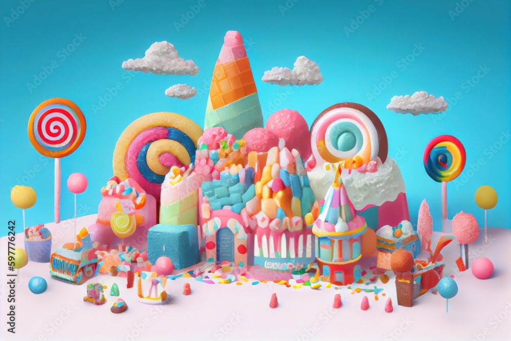 Fantasy village, kingdom or town made of sweets, ice-cream, marshmallow ...