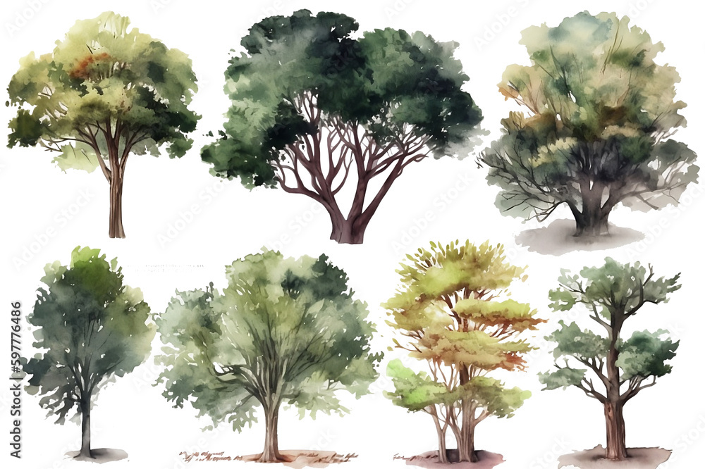 set of 3D drawn trees, transparant background, for illustration ...
