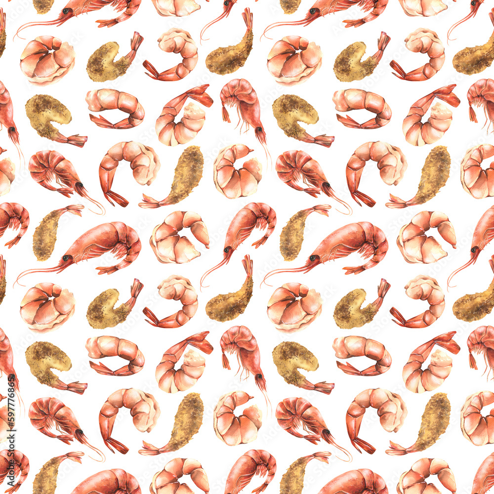 Boiled and fried peeled and unpeeled shrimp. Watercolor illustration ...
