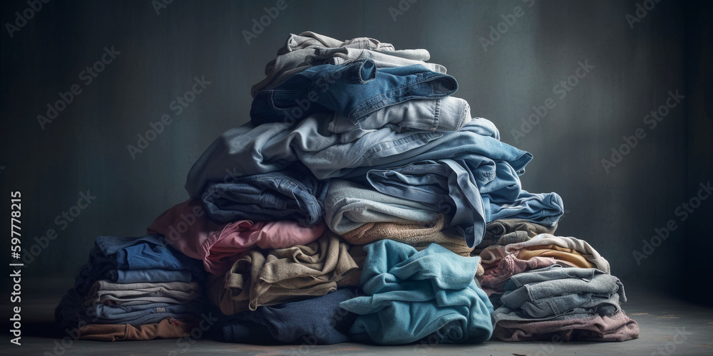 big stack of unwashed and unironed clothes on a concrete board, created ...