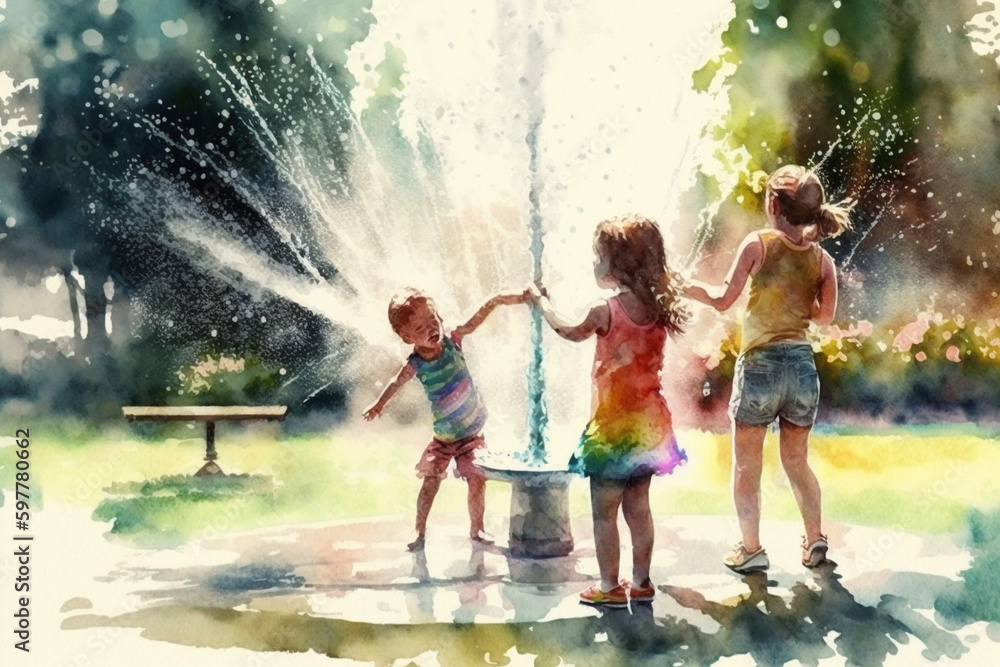 Kids playing in a sprinkler, Summer, watercolor style Generative AI ...