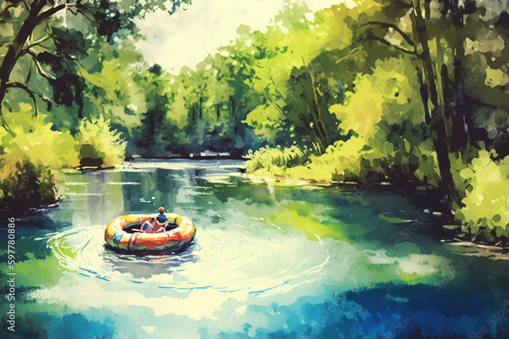 Lazy river floating, Summer, watercolor style Generative AI Stock ...