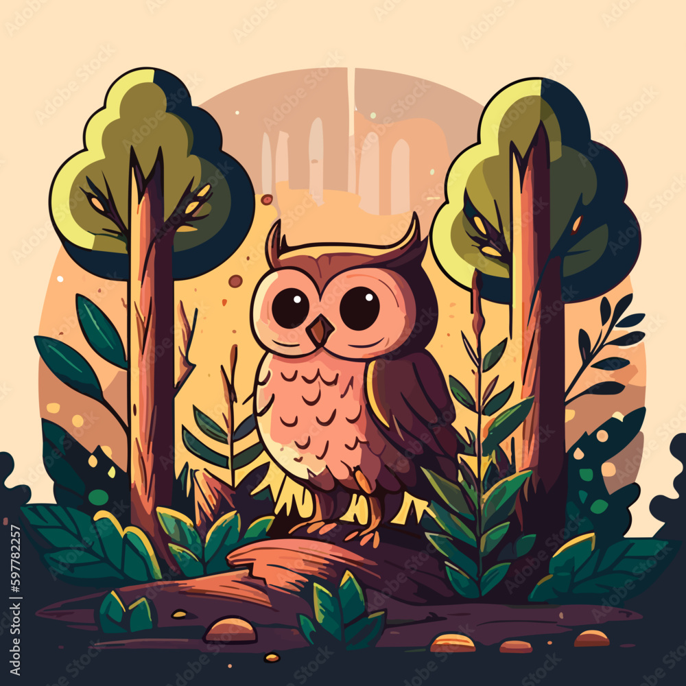 Cute Little Owl Owlet in a Fairy Forest. Flat Cartoon Vector ...