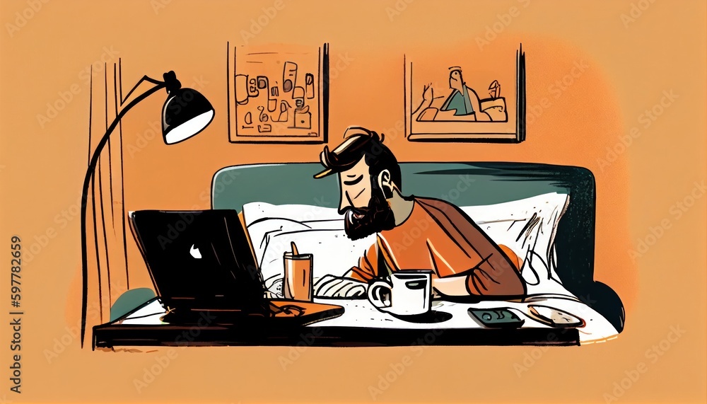 Man or woman working remotely from home, from the bed with laptop ...