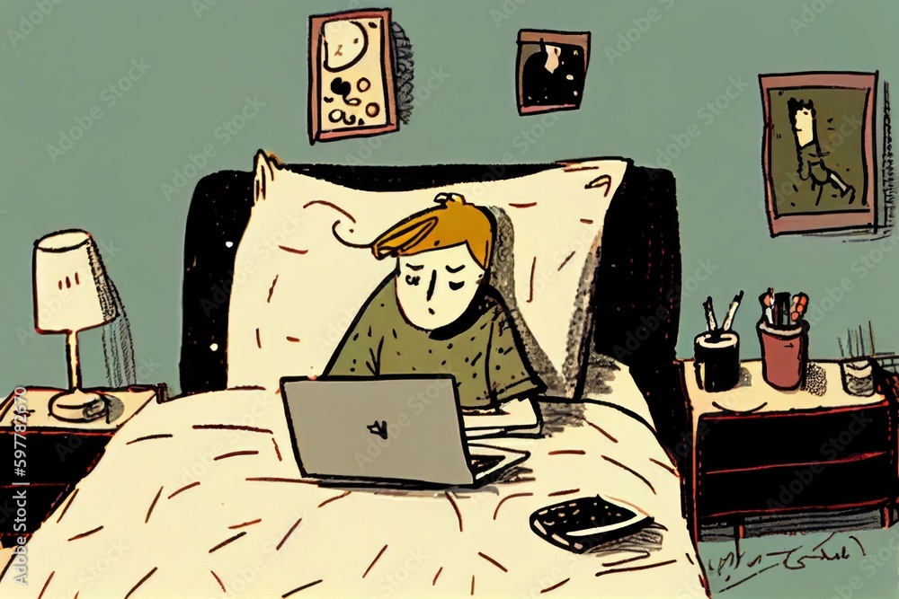 Man or woman working remotely from home, from the bed with laptop ...