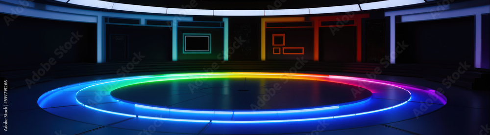 Sci-fi style room dark room with colorful lights. Round / circular room ...