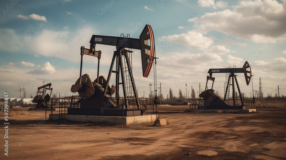 Oil drilling derricks at desert oilfield for fossil fuels output and ...