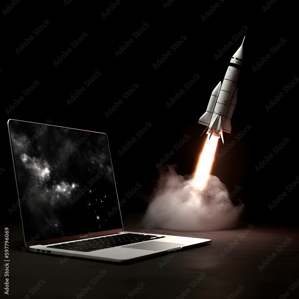 Abstract rocket launch from laptop. Start up concept in low poly style ...