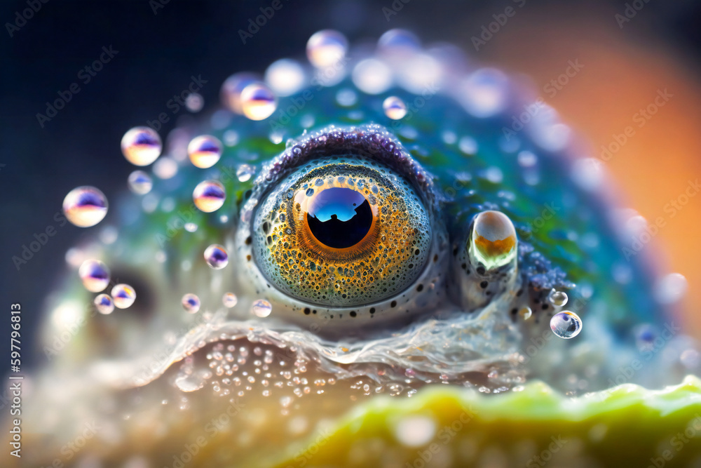 Extreme close up of an eye of a small animal with water drops around ...