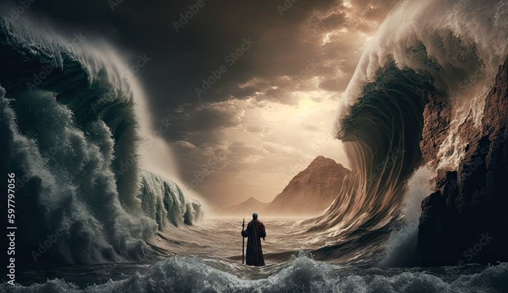 Stockillustratie Cinematic Epic Photo of Moses Parting Red Sea, AI ...