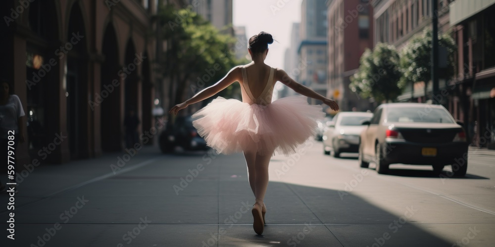 Rear view of a person wearing a tutu and ballet slippers, skipping down ...