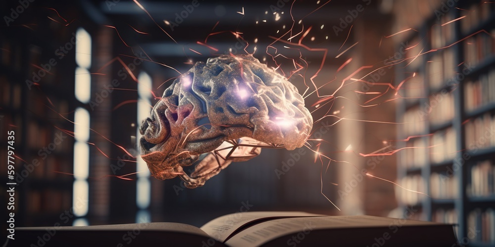 A flying brain with illuminated activity zones flies in the air ...