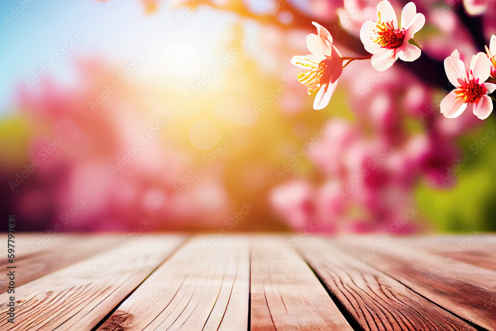Spring background. Empty wooden table top with view of spring ...