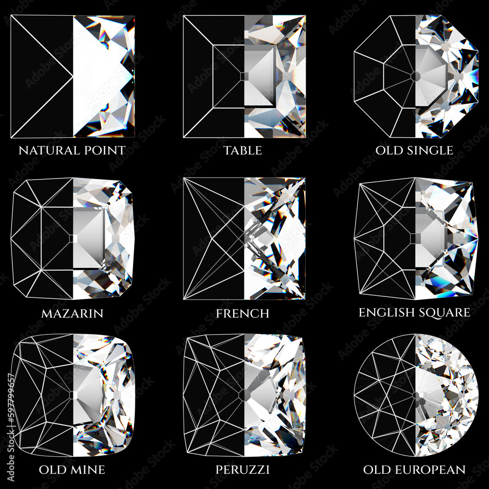 Nine ancient diamond shapes with diagrams, names, isolated on black ...