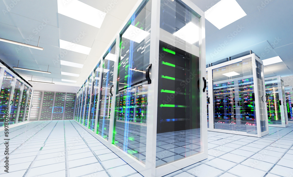 ภาพประกอบสต็อก Interior of Big Modern server room with rows of rack ...