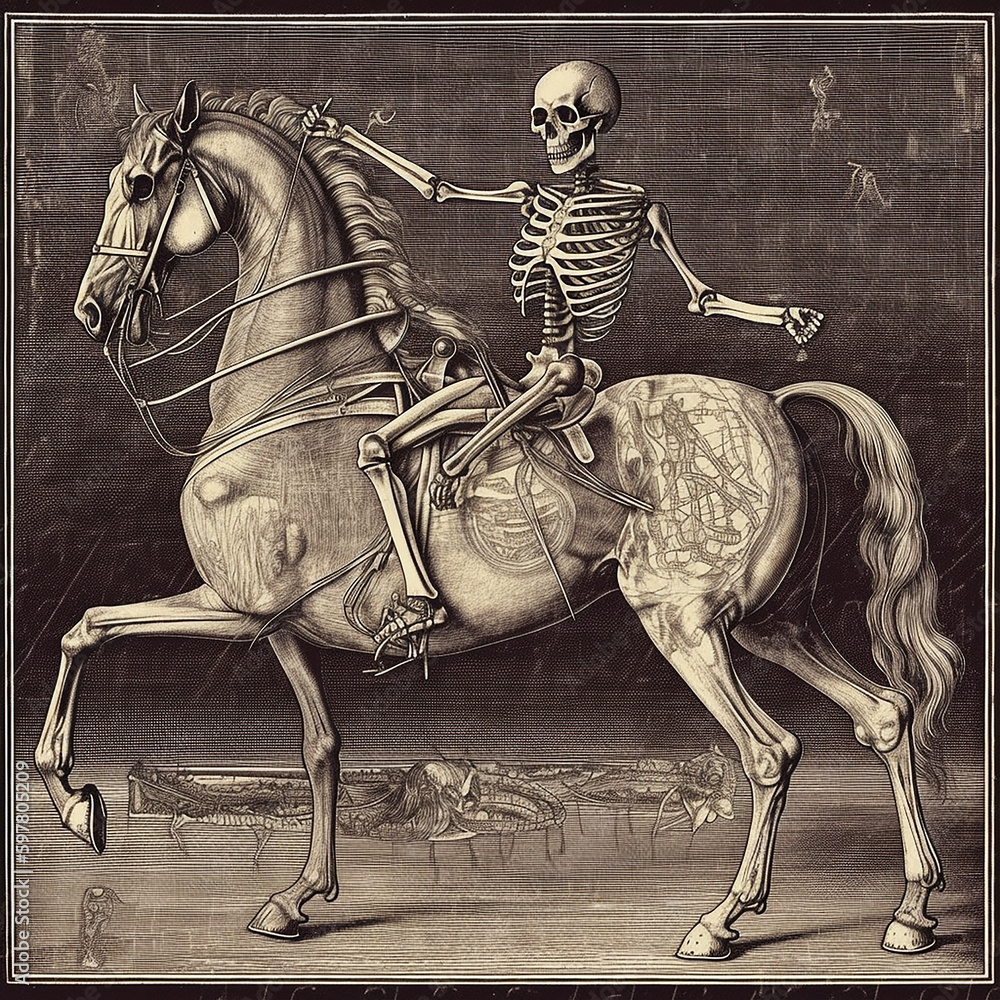 Human skeleton rides a horse, drawing, vintage engraving style, ai ...