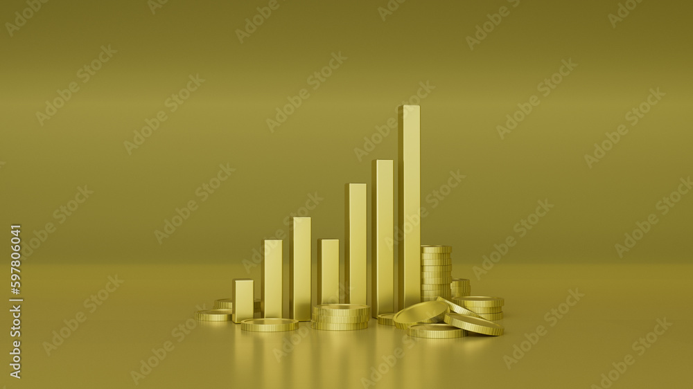 Gold metal symbol of bars chart with seven columns and gold coins on ...