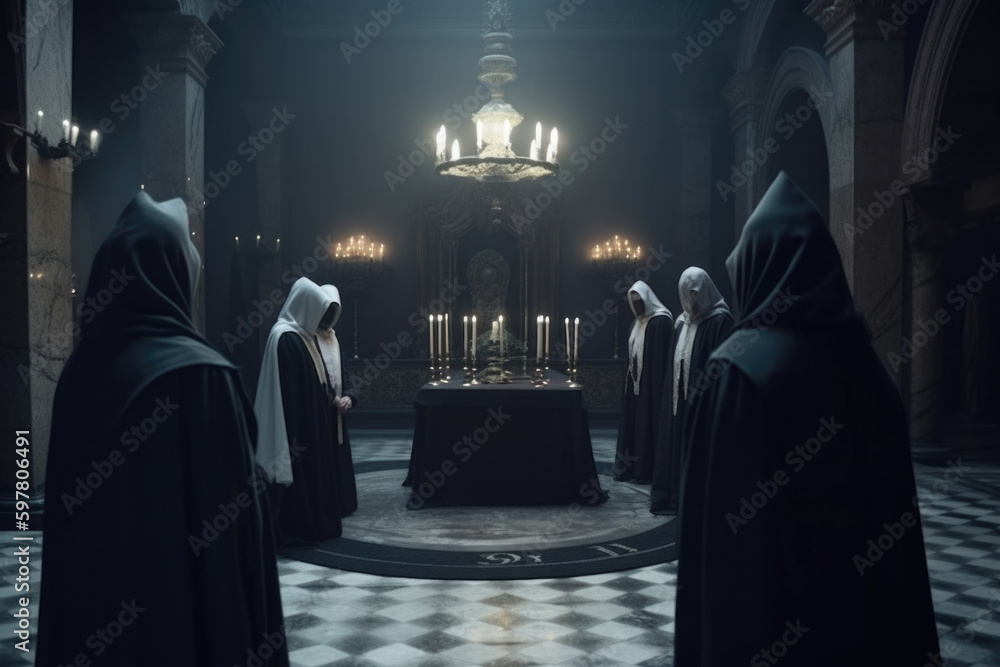 Secret society ceremony, people in hoods praying together. Members of ...