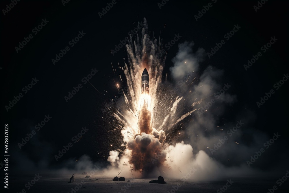 Rocket launching with bomb and explosion, transparent background, 3D ...