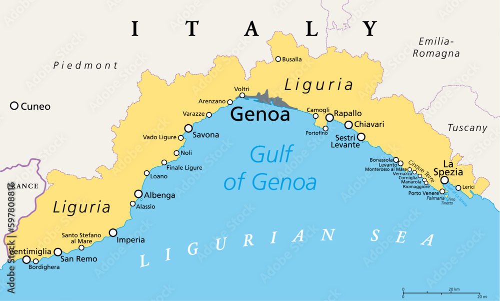 Liguria and the Italian Riviera, the Ligurian Riviera, political map ...