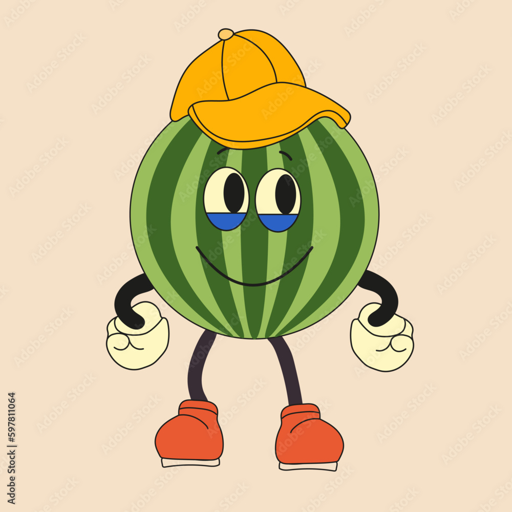 Cute watermelon in a cap. Cartoon character isolated on sand background ...