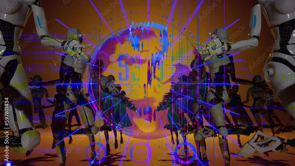 3d render animation of robots humanoids standing in lines army and hud ...