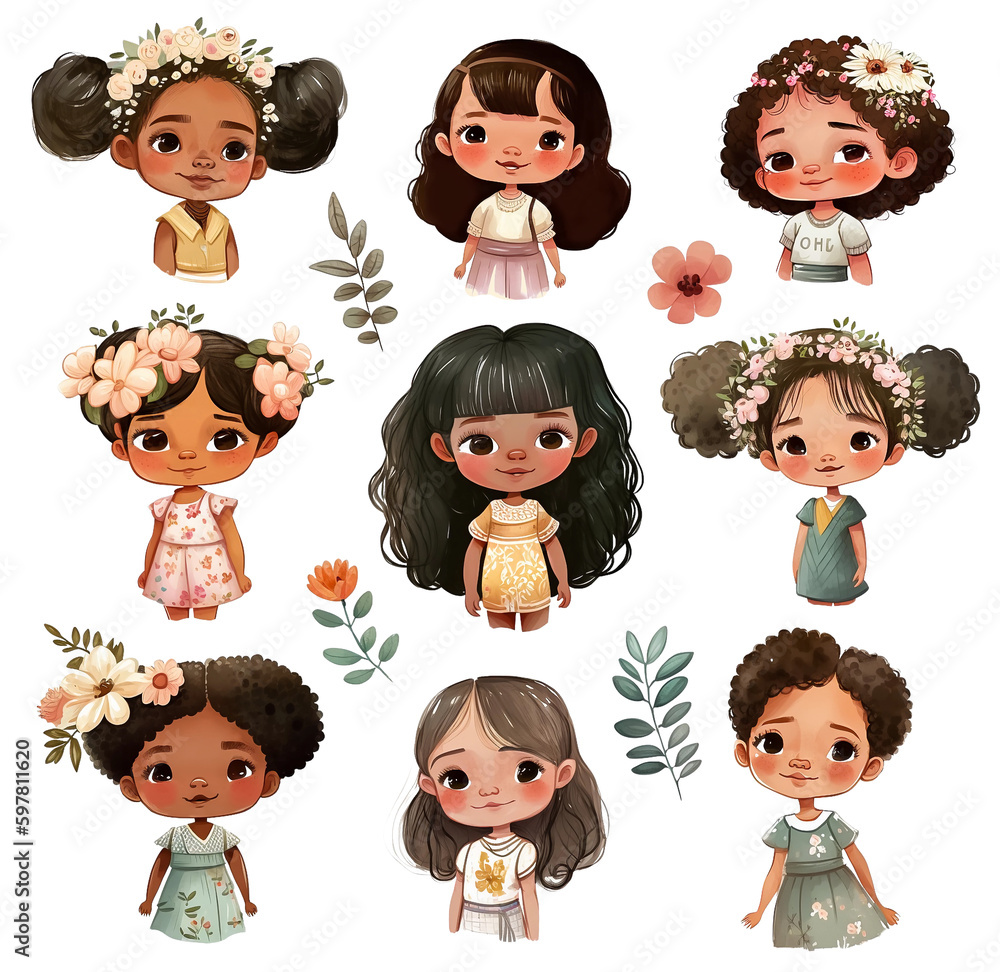 Set of cartoon girls avatars, multinational happy little kids faces ...