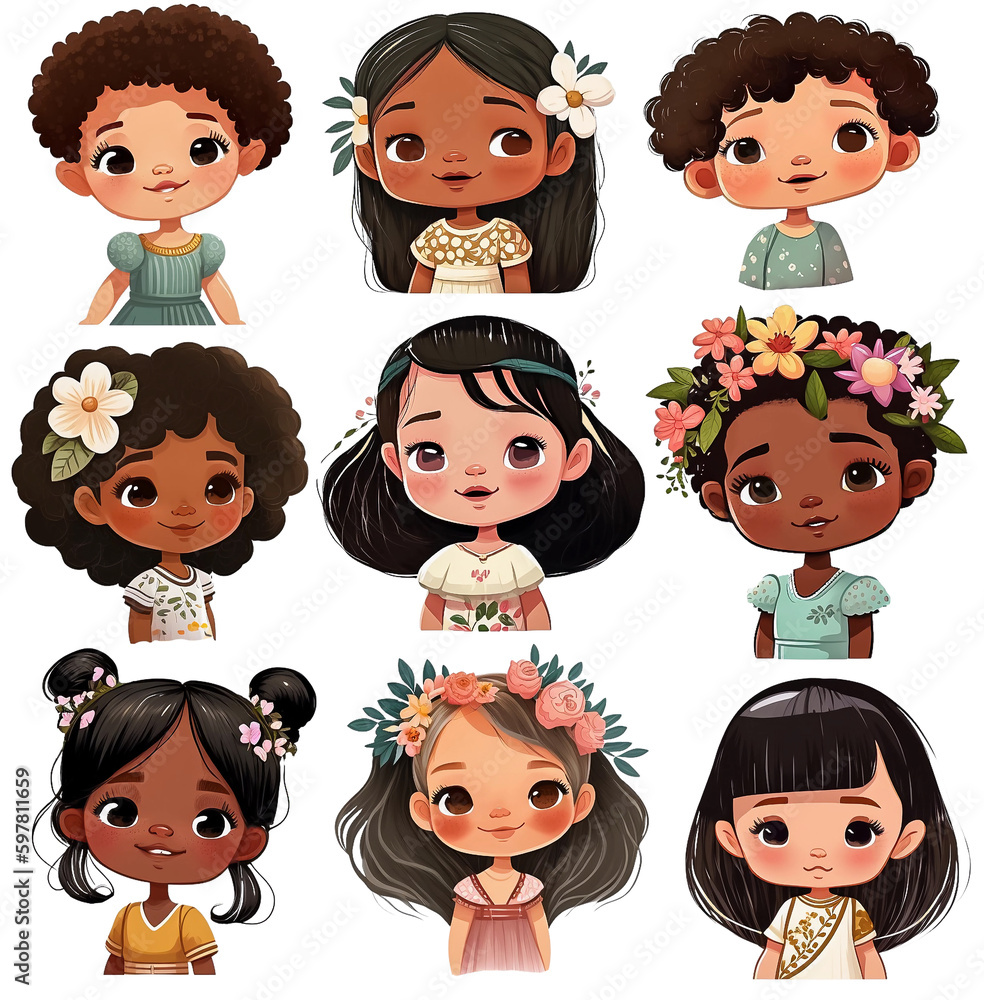 Collection of cartoon multinational little girls faces, children ...