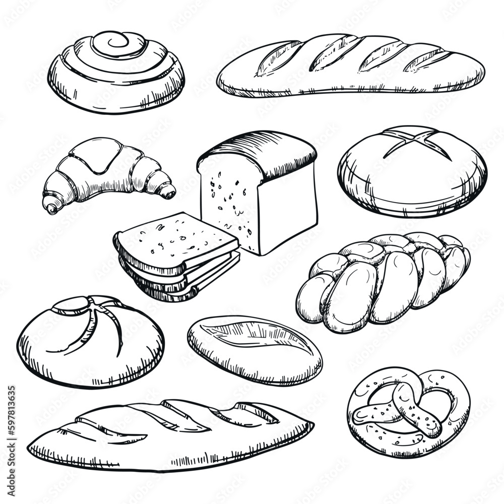 Sketch of bread with doodles, types of bread . Vector bakery bagels and ...