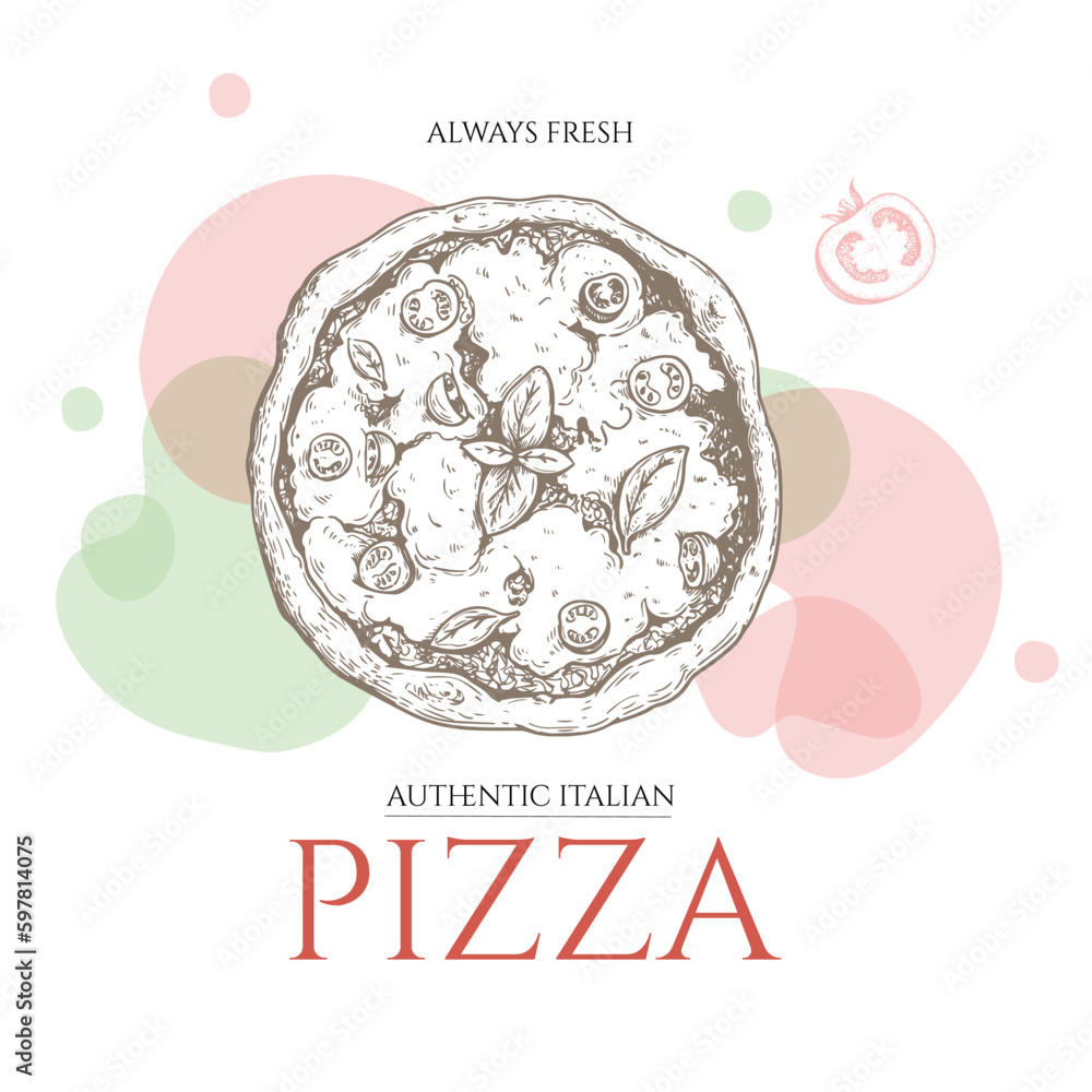 Italian pizza design template. Hand drawn sketch style Margherita pizza ...
