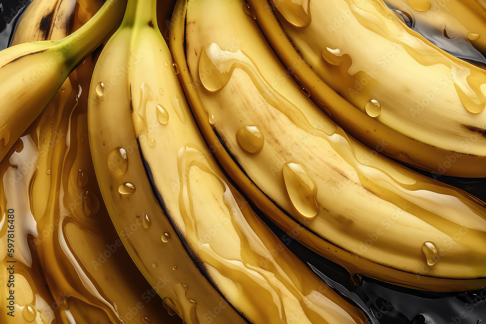 View from above of ripe yellow bananas with water droplets after the ...