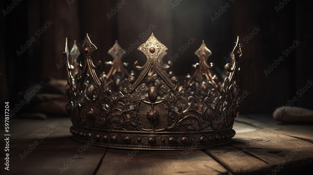 low key image of beautiful queen/king crown over wooden table. vintage ...