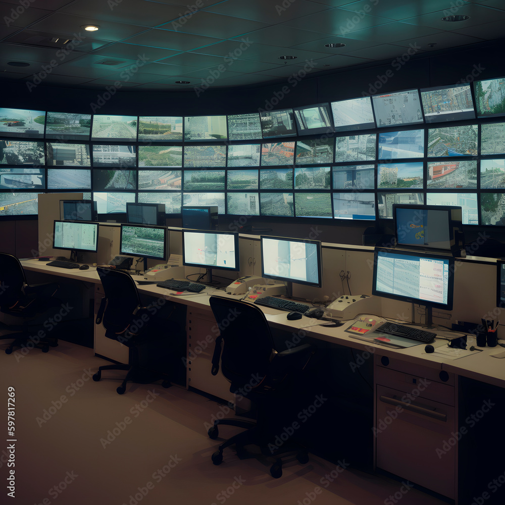Security Control Room Officer Monitors Multiple Screens for Suspicious ...