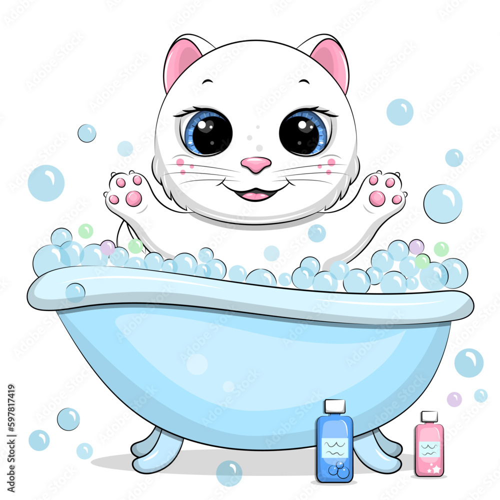 Cute cartoon white cat is taking a bath. Vector illustration of animal ...