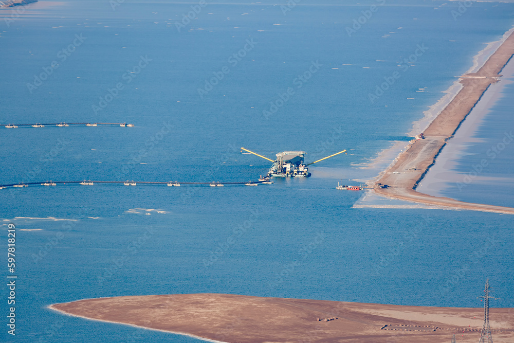 Pontoon mining potash and mud from the Dead Sea. Industrial facilities ...