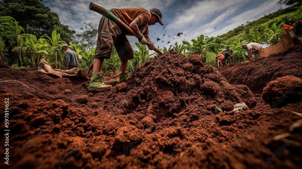 A person in their backyard, using a shovel to turn over their compost ...