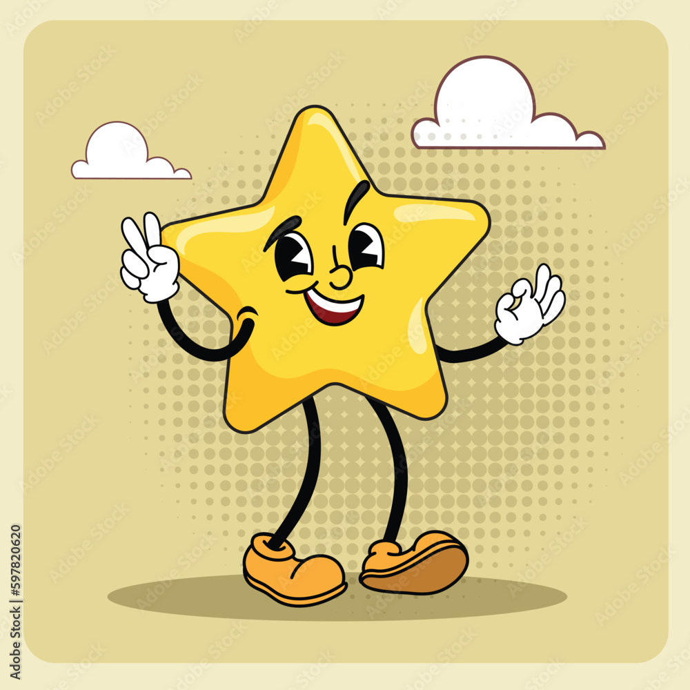Cartoon star character smiling. Cheerful retro 20s vintage mascot ...