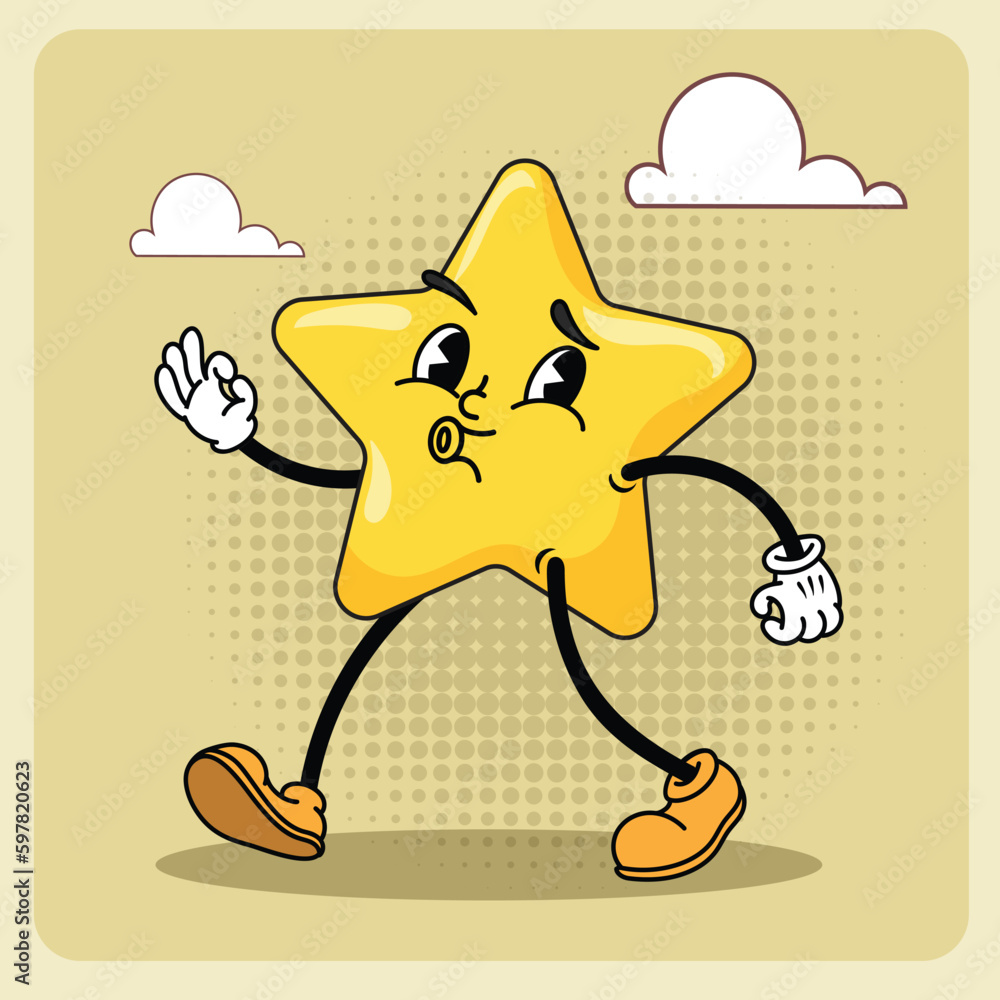 Cartoon star character walk and whistle. Cheerful retro 20s vintage ...