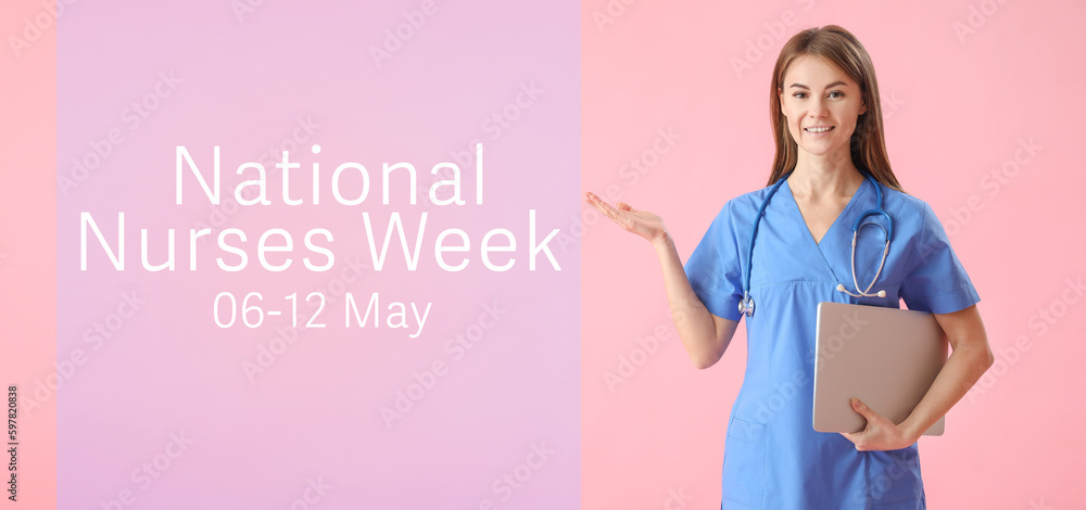 Female medical worker with laptop on pink background. National Nurses ...