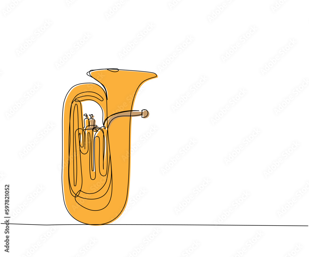 Tuba one line color art. Continuous line drawing of bass, equipment ...