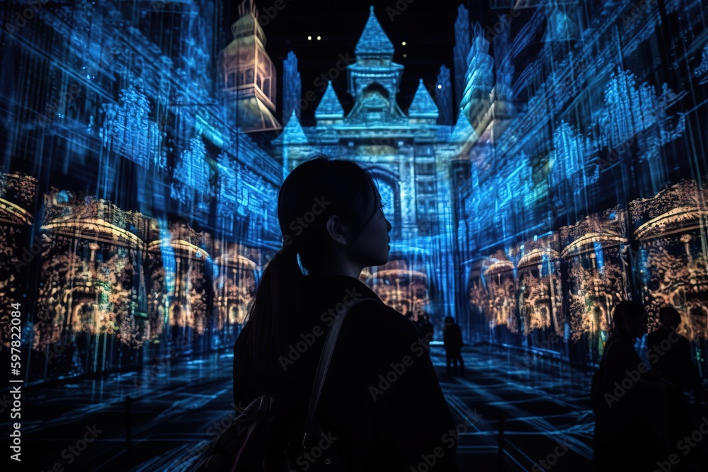 An awe-inspiring image of a person watching a 3D projection mapping ...