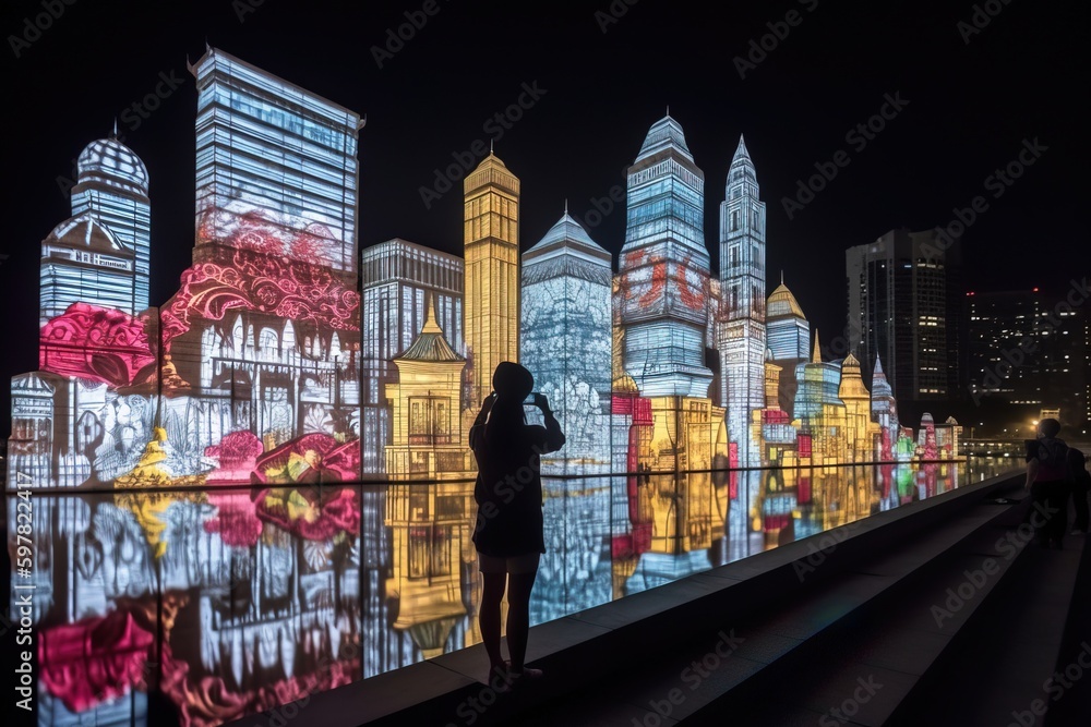 An awe-inspiring image of a person watching a 3D projection mapping ...
