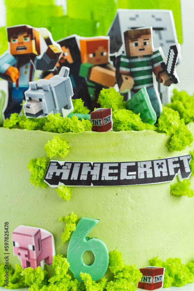KYIV, UKRAINE - April 02: Birthday cake for a fan of Minecraft game on ...