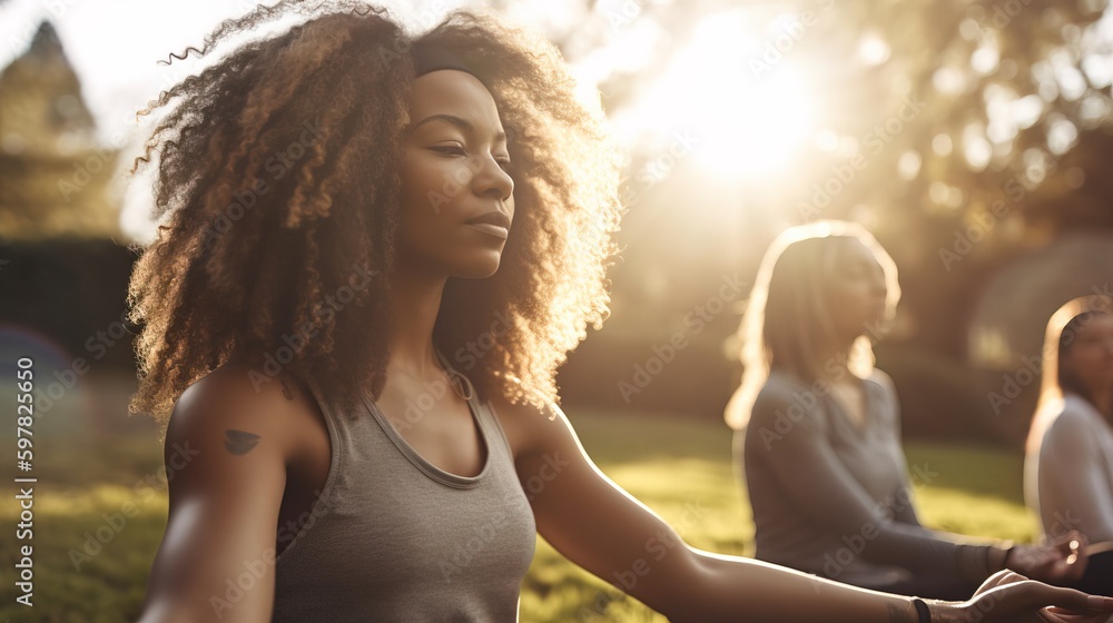 A diverse group of people participating in a yoga class outdoors ...