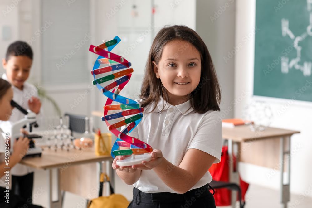 Little girl with molecular model in science classroom Stock Photo ...