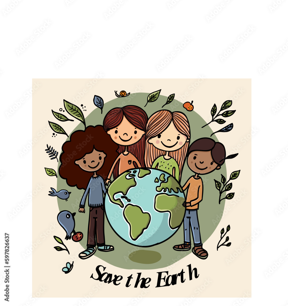 Happy Earth Day - Hand-drawn banner with multi-ethnic kids promoting ...