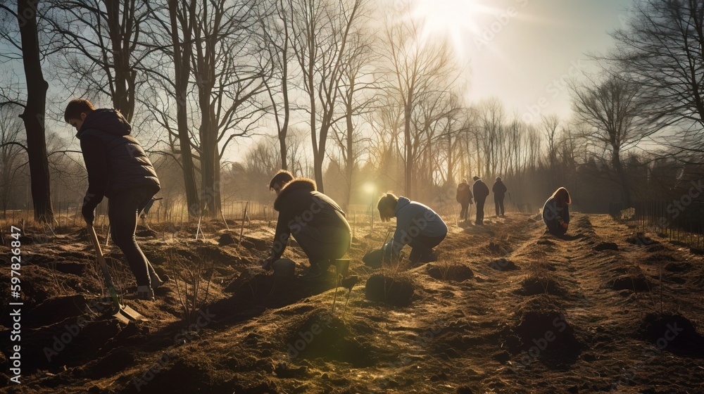 A group of students planting trees in a park as part of an ozone layer ...
