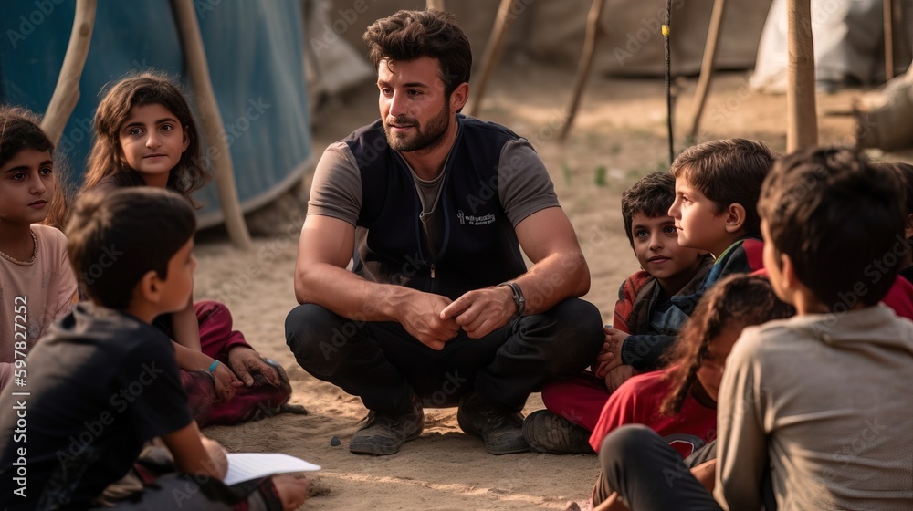 A mid-shot of a humanitarian worker teaching a group of children in a ...