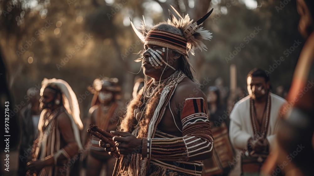 An indigenous dance performance taking place outdoors, with ...