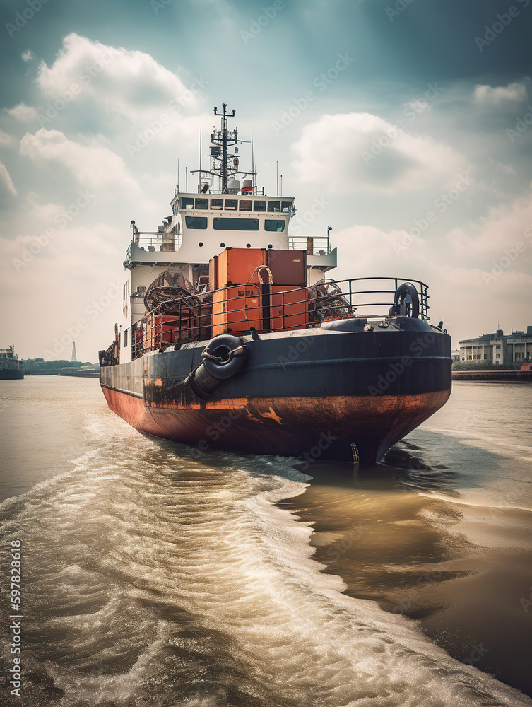 Tugboat push large cargo vessel to berth at port terminal. Port ...
